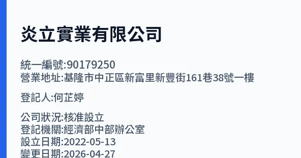 炎立實業有限公司的照片-統編 90179250(基隆市) 公司登記資料與營業項目詳細圖表