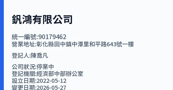 釩鴻有限公司的照片-統編 90179462(彰化縣) 公司登記資料與營業項目詳細圖表