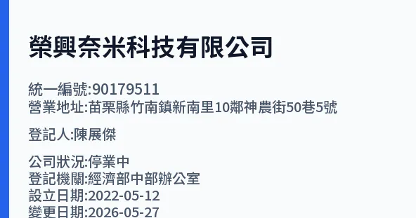 榮興奈米科技有限公司的照片-統編 90179511(苗栗縣) 公司登記資料與營業項目詳細圖表