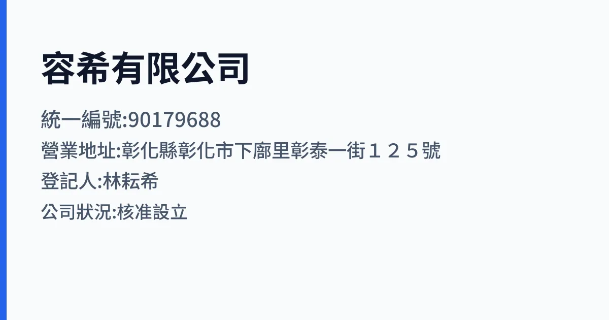 容希有限公司 - 統編 90179688(彰化縣) 公司登記資料與營業項目詳細圖表