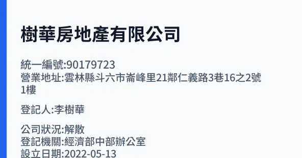 樹華房地產有限公司的照片-統編 90179723(雲林縣) 公司登記資料與營業項目詳細圖表