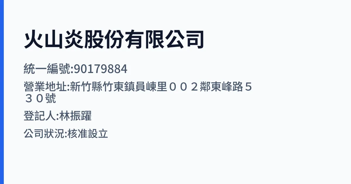 火山炎股份有限公司 - 統編 90179884（新竹縣） 公司登記資料與營業項目詳細圖表