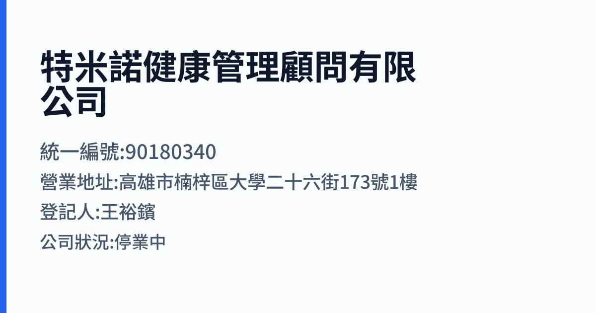特米諾健康管理顧問有限公司 - 統編 90180340(高雄市) 公司登記資料與營業項目詳細圖表