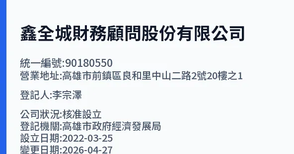 鑫全城財務顧問股份有限公司的照片-統編 90180550(高雄市) 公司登記資料與營業項目詳細圖表