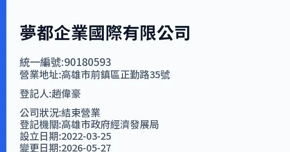 夢都企業國際有限公司的照片-統編 90180593(高雄市) 公司登記資料與營業項目詳細圖表