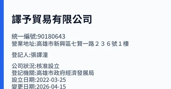 譯予貿易有限公司的照片-統編 90180643(高雄市) 公司登記資料與營業項目詳細圖表