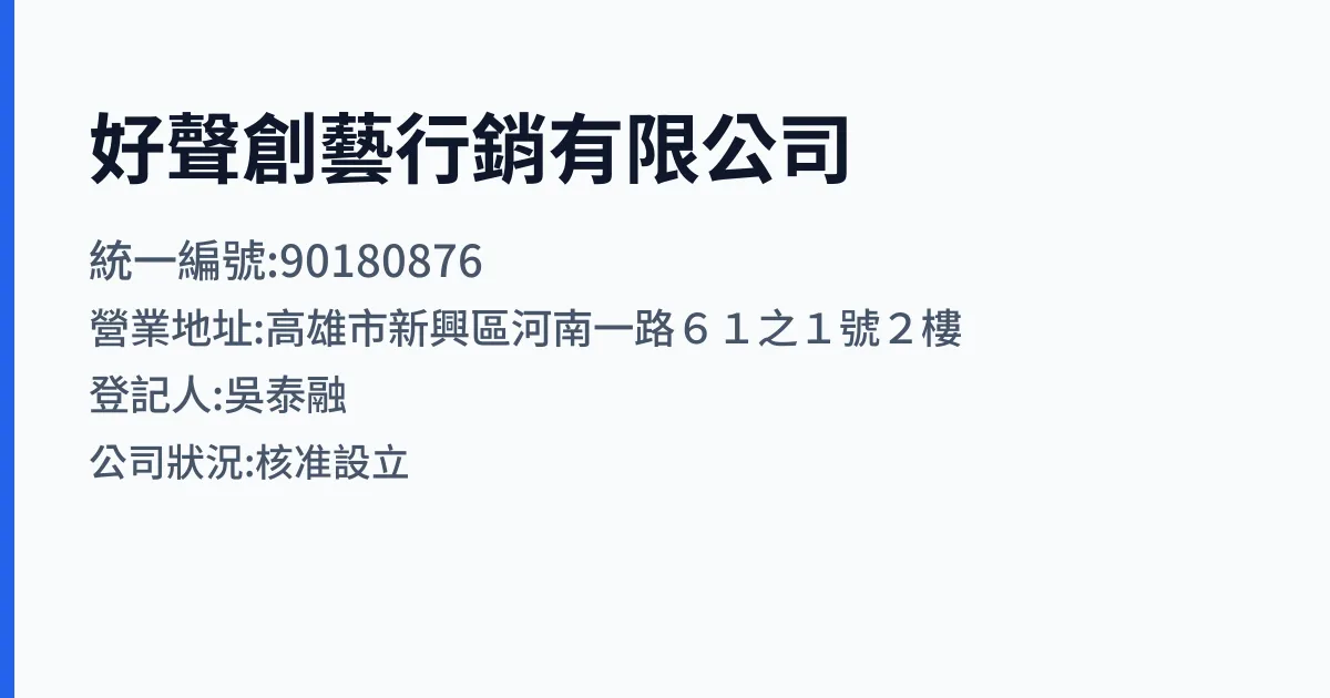 好聲創藝行銷有限公司 - 統編 90180876(高雄市) 公司登記資料與營業項目詳細圖表