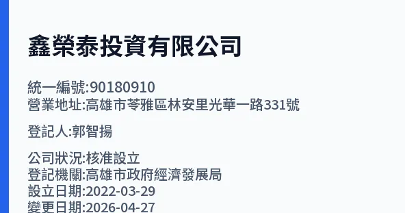 鑫榮泰投資有限公司的照片-統編 90180910(高雄市) 公司登記資料與營業項目詳細圖表