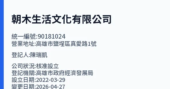 朝木生活文化有限公司的照片-統編 90181024(高雄市) 公司登記資料與營業項目詳細圖表