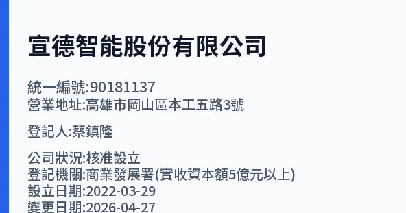 宣德智能股份有限公司的照片-統編 90181137(高雄市) 公司登記資料與營業項目詳細圖表
