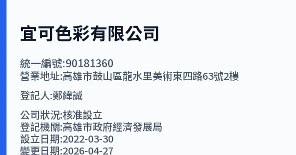 宜可色彩有限公司的照片-統編 90181360(高雄市) 公司登記資料與營業項目詳細圖表