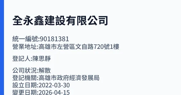 全永鑫建設有限公司的照片-統編 90181381(高雄市) 公司登記資料與營業項目詳細圖表