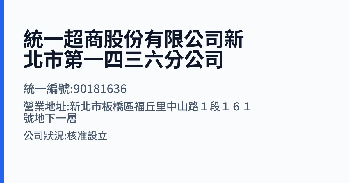 統一超商股份有限公司新北市第一四三六分公司 - 統編 90181636(新北市) 公司登記資料與營業項目詳細圖表