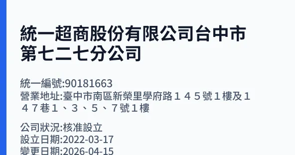 統一超商股份有限公司台中市第七二七分公司的照片-統編 90181663(臺中市) 公司登記資料與營業項目詳細圖表