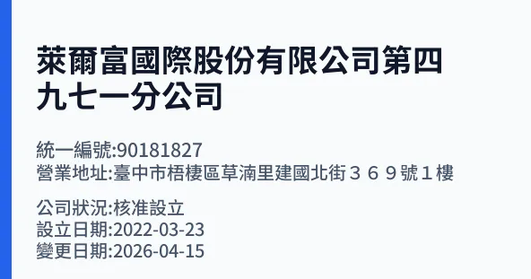 萊爾富國際股份有限公司第四九七一分公司的照片-統編 90181827(臺中市) 公司登記資料與營業項目詳細圖表
