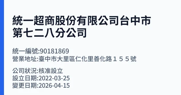 統一超商股份有限公司台中市第七二八分公司的照片-統編 90181869(臺中市) 公司登記資料與營業項目詳細圖表