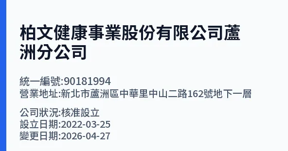 柏文健康事業股份有限公司蘆洲分公司的照片-統編 90181994(新北市) 公司登記資料與營業項目詳細圖表