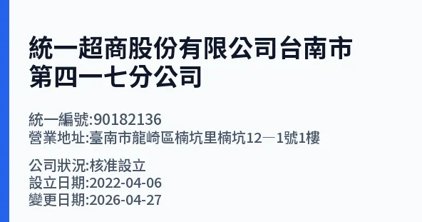 統一超商股份有限公司台南市第四一七分公司的照片-統編 90182136(臺南市) 公司登記資料與營業項目詳細圖表