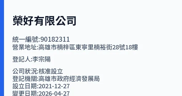 榮好有限公司的照片-統編 90182311(高雄市) 公司登記資料與營業項目詳細圖表