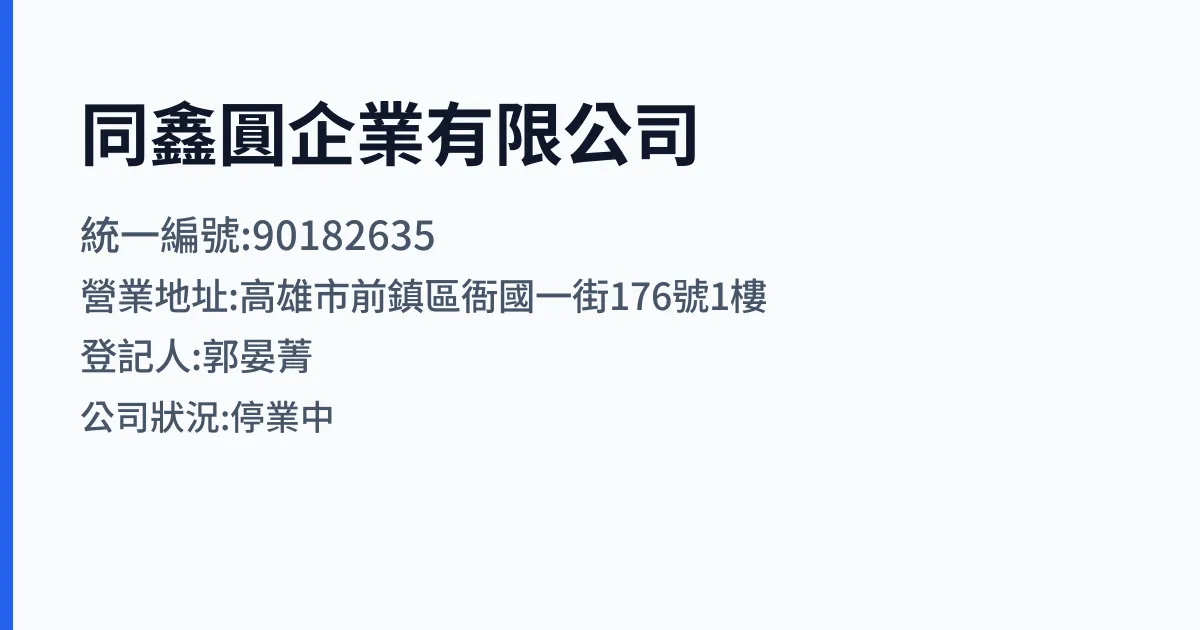 同鑫圓企業有限公司 - 統編 90182635(高雄市) 公司登記資料與營業項目詳細圖表