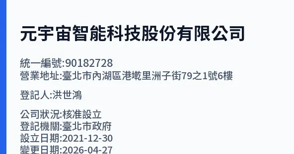 元宇宙智能科技股份有限公司的照片-統編 90182728(臺北市) 公司登記資料與營業項目詳細圖表