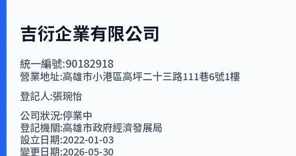 吉衍企業有限公司的照片-統編 90182918(高雄市) 公司登記資料與營業項目詳細圖表