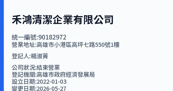 禾鴻清潔企業有限公司的照片-統編 90182972(高雄市) 公司登記資料與營業項目詳細圖表