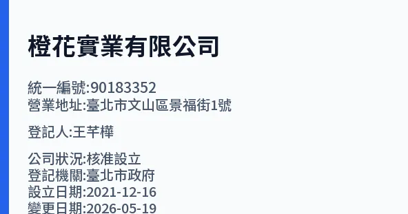 橙花實業有限公司的照片-統編 90183352(臺北市) 公司登記資料與營業項目詳細圖表