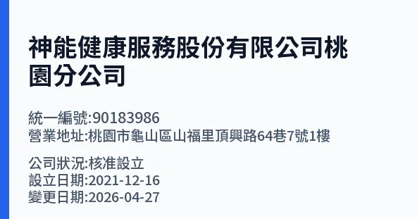 神能健康服務股份有限公司桃園分公司的照片-統編 90183986(桃園市) 公司登記資料與營業項目詳細圖表