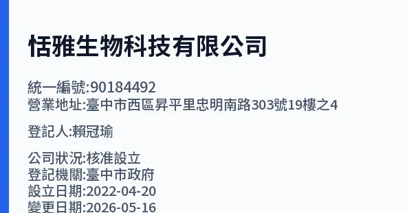 恬雅生物科技有限公司的照片-統編 90184492(臺中市) 公司登記資料與營業項目詳細圖表