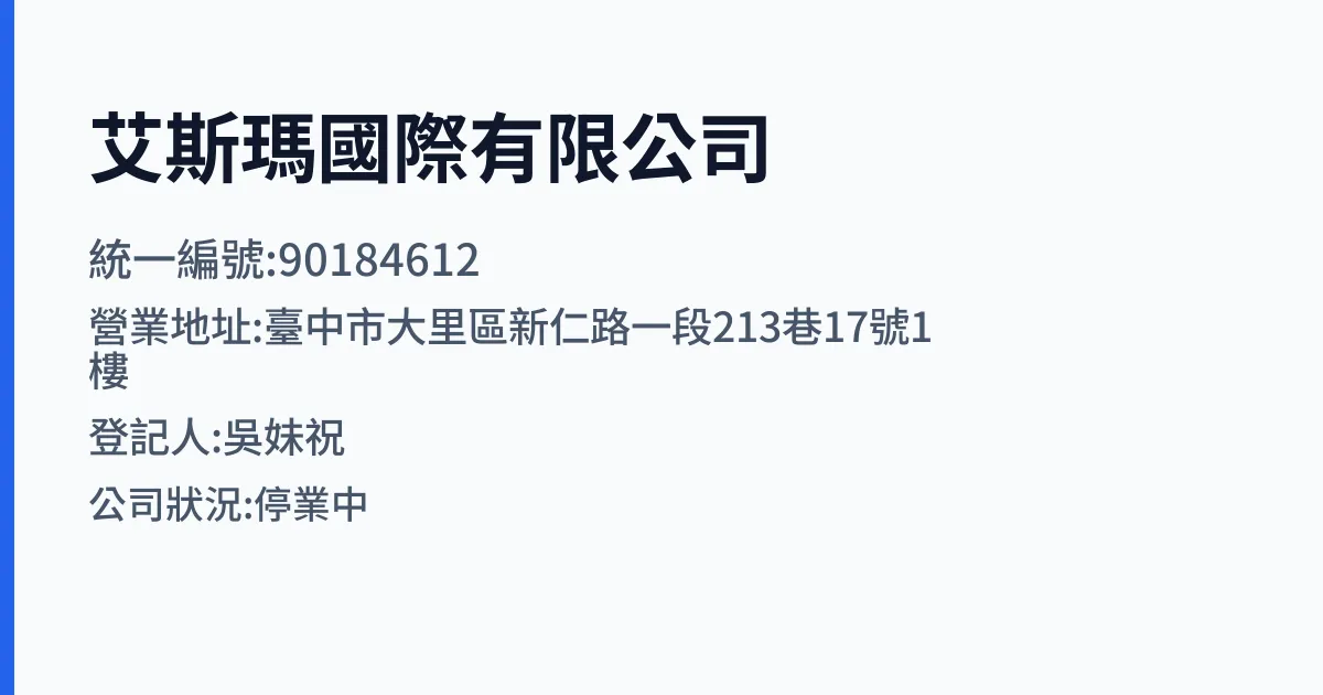 艾斯瑪國際有限公司 - 統編 90184612(臺中市) 公司登記資料與營業項目詳細圖表