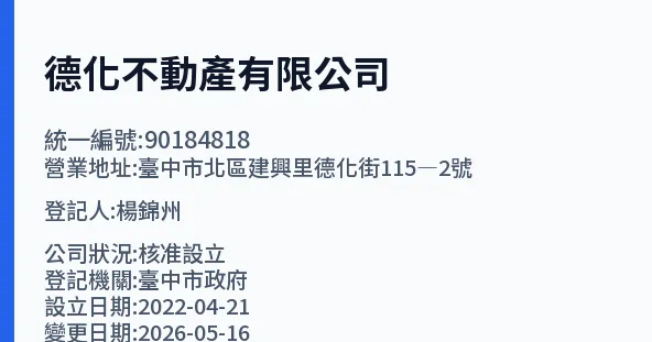 德化不動產有限公司的照片-統編 90184818(臺中市) 公司登記資料與營業項目詳細圖表