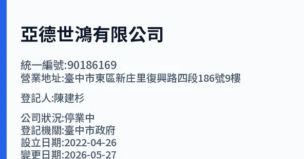 亞德世鴻有限公司的照片-統編 90186169(臺中市) 公司登記資料與營業項目詳細圖表