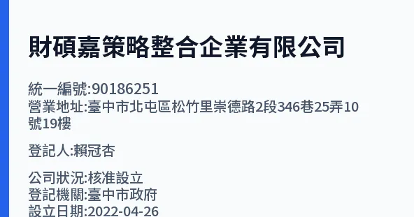 財碩嘉策略整合企業有限公司的照片-統編 90186251(臺中市) 公司登記資料與營業項目詳細圖表