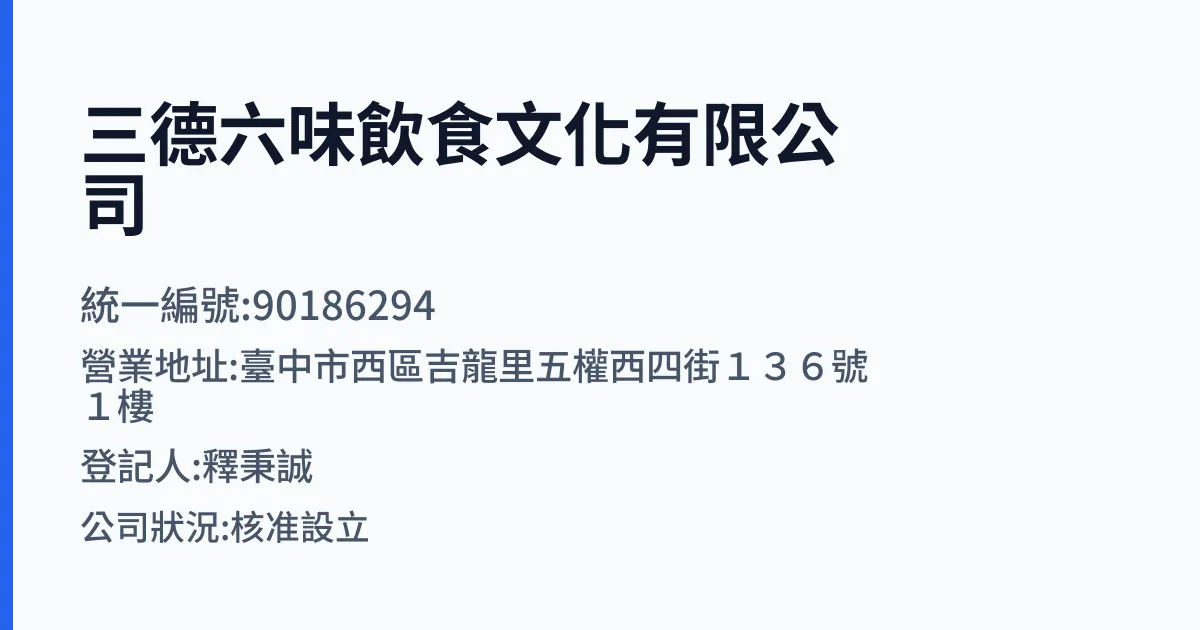 三德六味飲食文化有限公司 - 統編 90186294(臺中市) 公司登記資料與營業項目詳細圖表