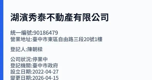 湖濱秀泰不動產有限公司的照片-統編 90186479(臺中市) 公司登記資料與營業項目詳細圖表