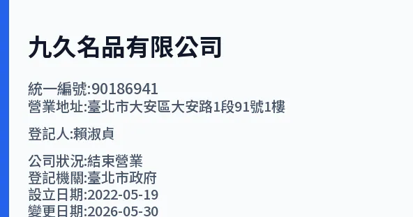 九久名品有限公司的照片-統編 90186941(臺北市) 公司登記資料與營業項目詳細圖表