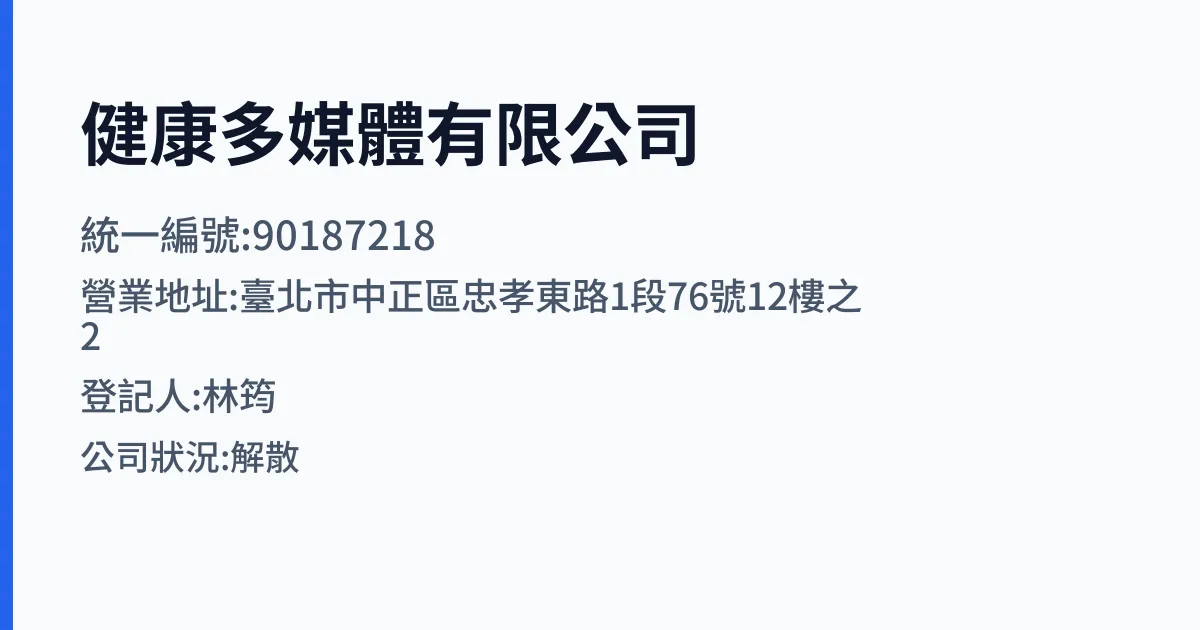 健康多媒體有限公司 - 統編 90187218(臺北市) 公司登記資料與營業項目詳細圖表