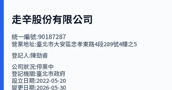 走辛股份有限公司的照片-統編 90187287(臺北市) 公司登記資料與營業項目詳細圖表