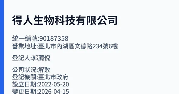 得人生物科技有限公司的照片-統編 90187358(臺北市) 公司登記資料與營業項目詳細圖表