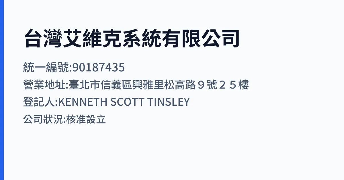 台灣艾維克系統有限公司 - 統編 90187435(臺北市) 公司登記資料與營業項目詳細圖表