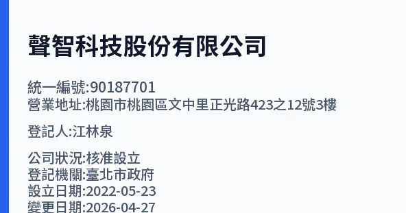 聲智科技股份有限公司的照片-統編 90187701(桃園市) 公司登記資料與營業項目詳細圖表