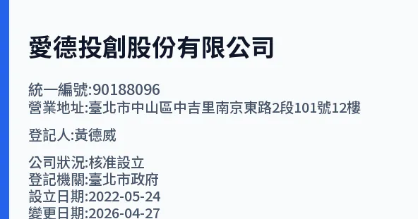 愛德投創股份有限公司的照片-統編 90188096(臺北市) 公司登記資料與營業項目詳細圖表