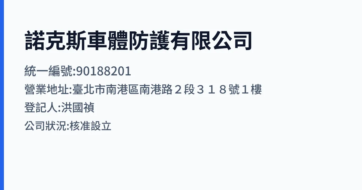 諾克斯車體防護有限公司 - 統編 90188201(臺北市) 公司登記資料與營業項目詳細圖表