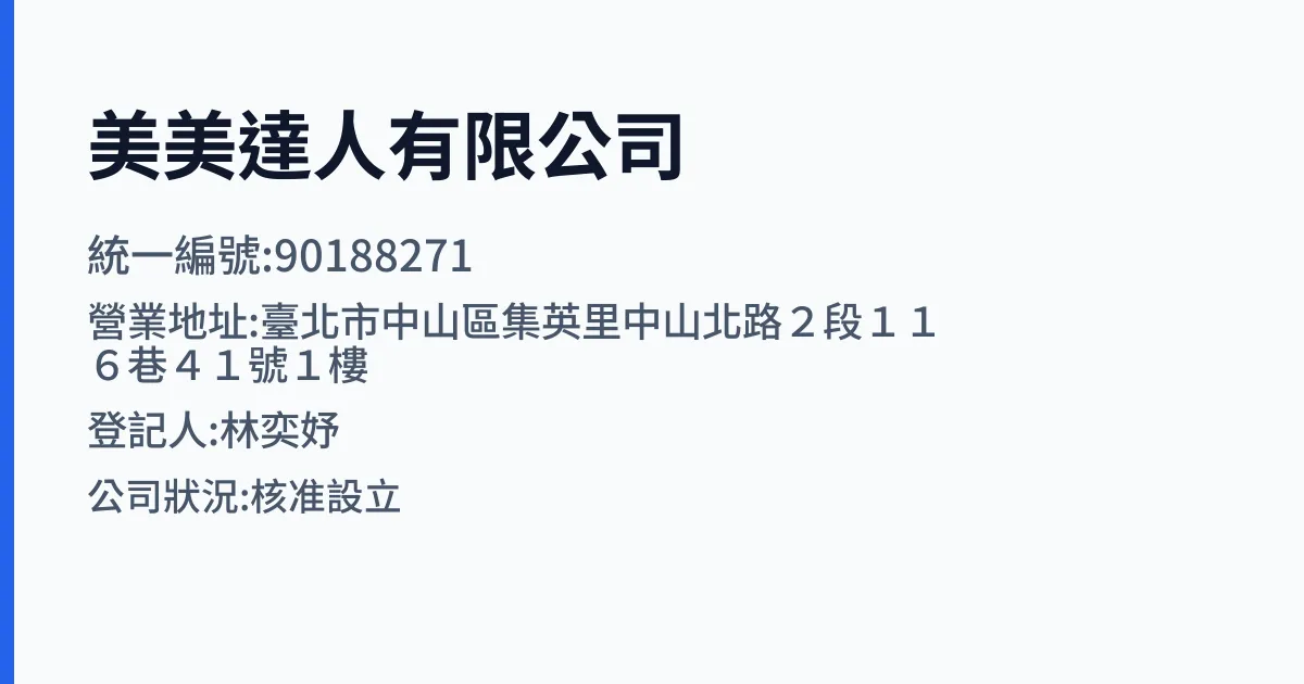 美美達人有限公司 - 統編 90188271(臺北市) 公司登記資料與營業項目詳細圖表