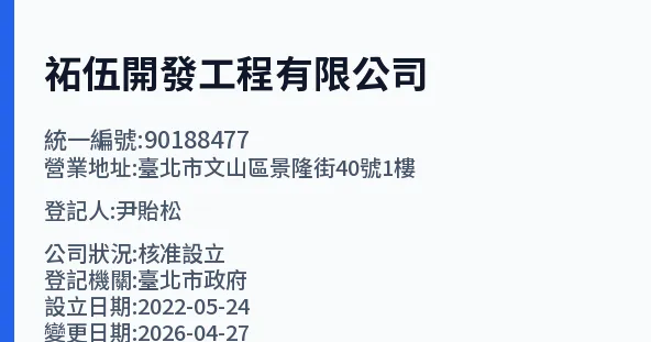 祏伍開發工程有限公司的照片-統編 90188477(臺北市) 公司登記資料與營業項目詳細圖表