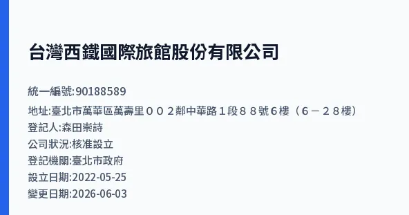 台灣西鐵國際旅館股份有限公司的照片-統編 90188589(臺北市) 公司登記資料與營業項目詳細圖表