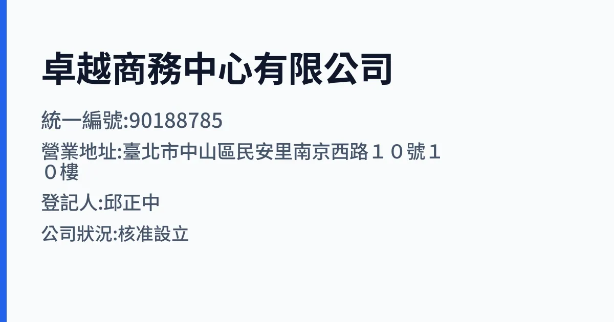 卓越商務中心有限公司 - 統編 90188785(臺北市) 公司登記資料與營業項目詳細圖表
