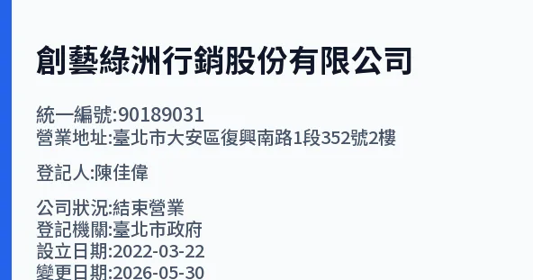 創藝綠洲行銷股份有限公司的照片-統編 90189031(臺北市) 公司登記資料與營業項目詳細圖表