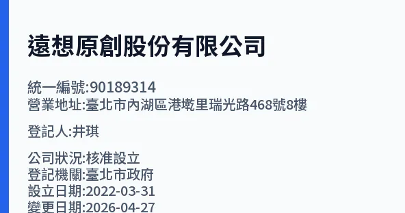 遠想原創股份有限公司的照片-統編 90189314(臺北市) 公司登記資料與營業項目詳細圖表